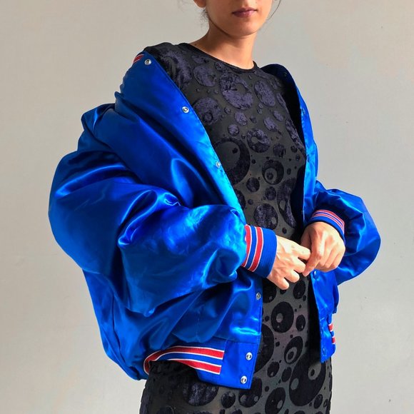 Vintage | Jackets & Coats | Vintage Oversized Satin Blue Baseball ...